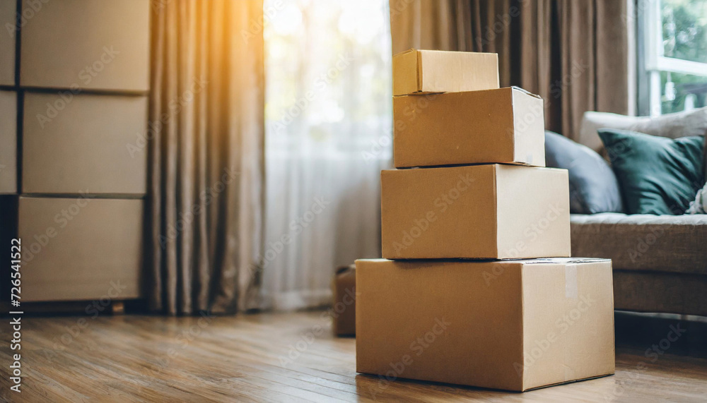 cardboard boxes with household items symbolize moving, relocation, and ...