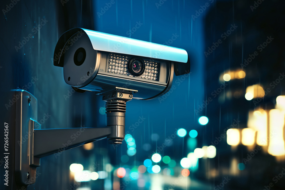 CCTV security camera on blur city road, security CCTV camera monitoring ...
