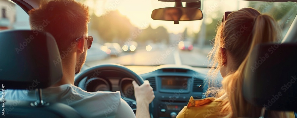 Inside Car view. Driver driving car vehicle and passanger sitting near ...