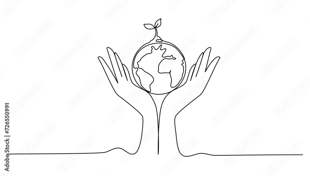 Continuous line art or One Line drawing of hand and earth, for world ...