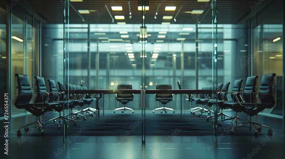 A sophisticated conference room featuring a reflective glass table ...