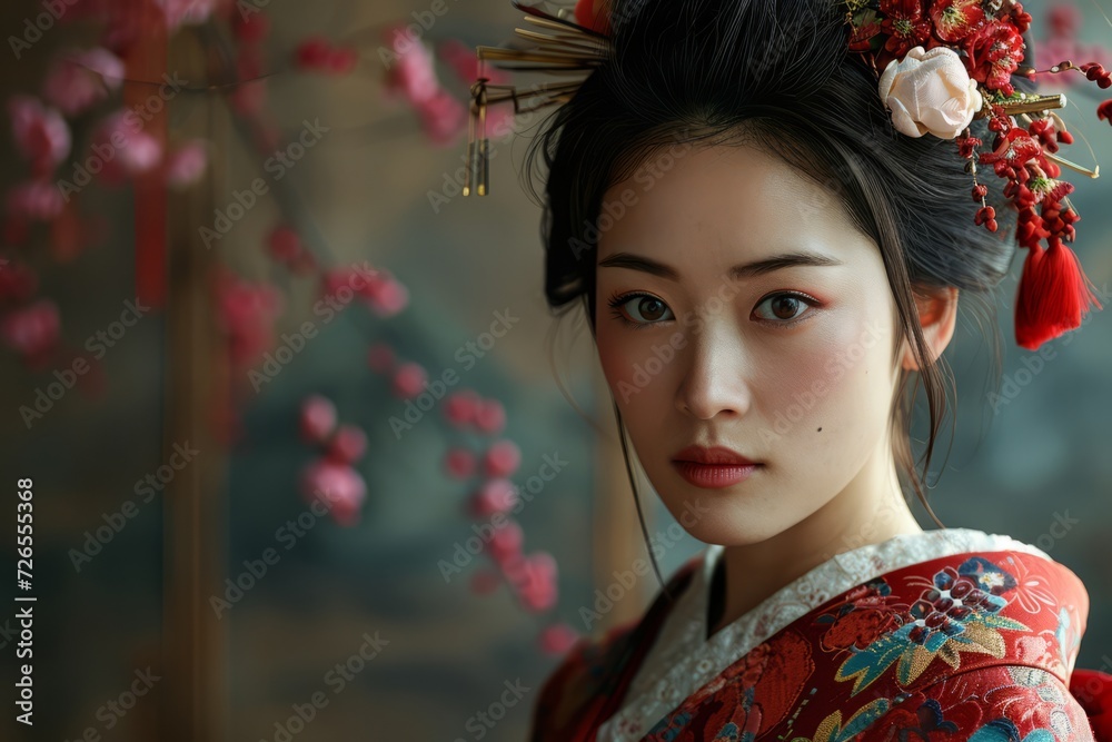 Portrait of Japanese woman in national clothes close up from history of ...