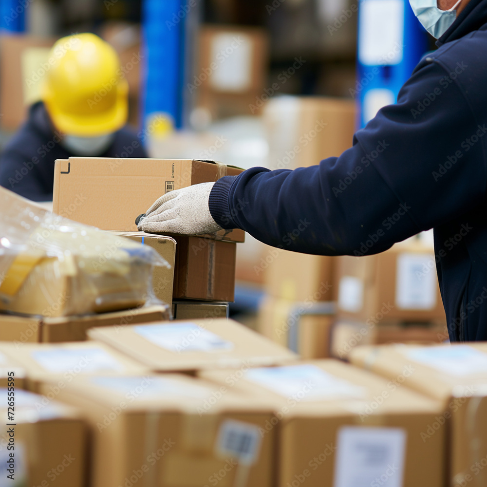 A photograph of a worker packing goods in a warehouse setting, with ...