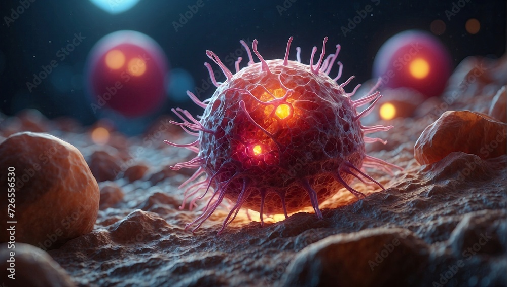 digital render of a cancer cell with visible nuclei, set against a dark ...