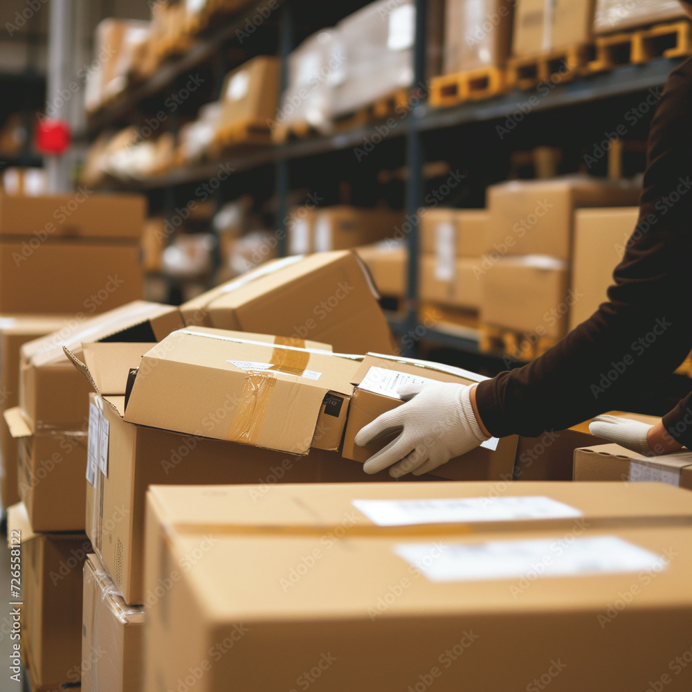 A photograph of a worker packing goods in a warehouse setting, with ...