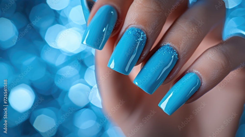 Photos of the design of blue nails on the hands, advertising the color ...