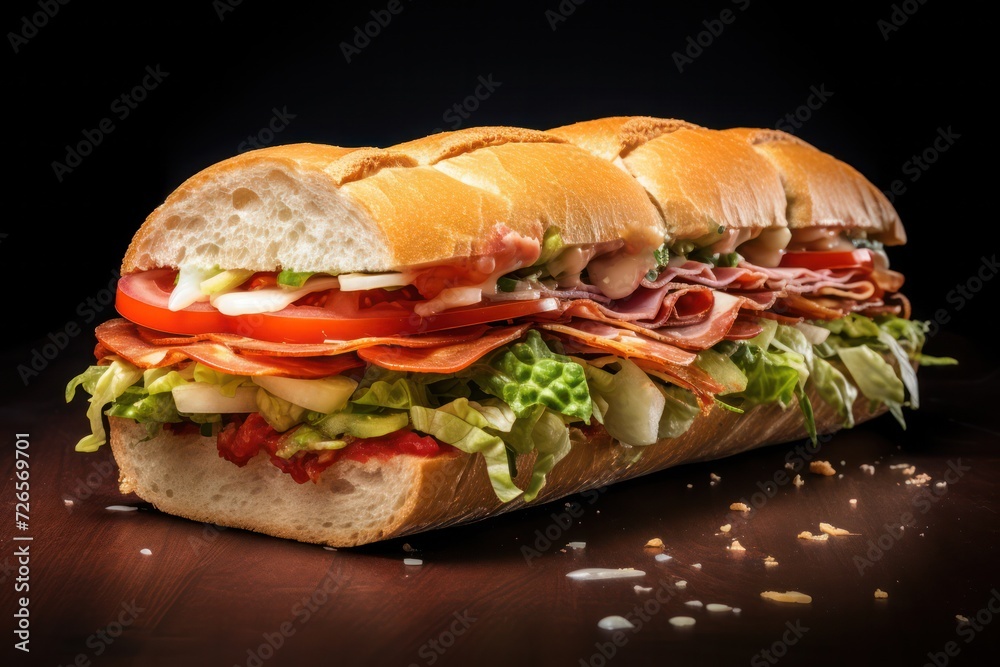 hoagie roll or submarine sandwich closeup isolated on black background ...