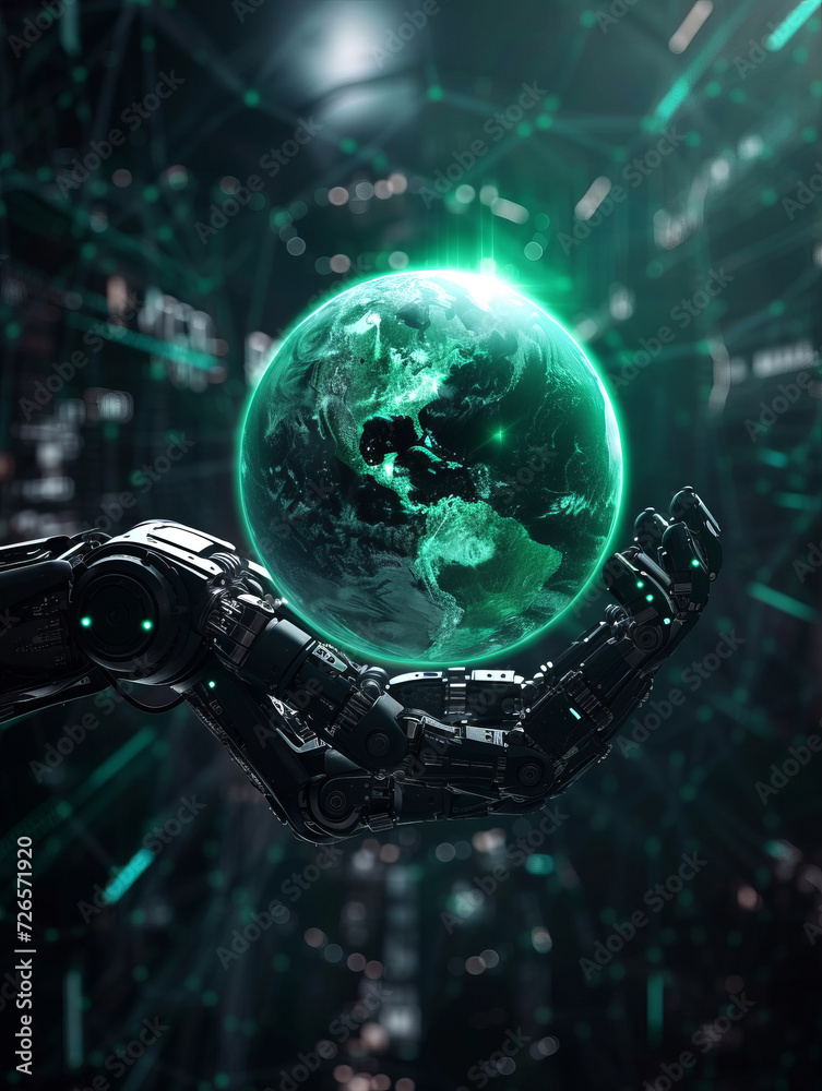 The robot holds the planet Earth in his hand on a digital background ...