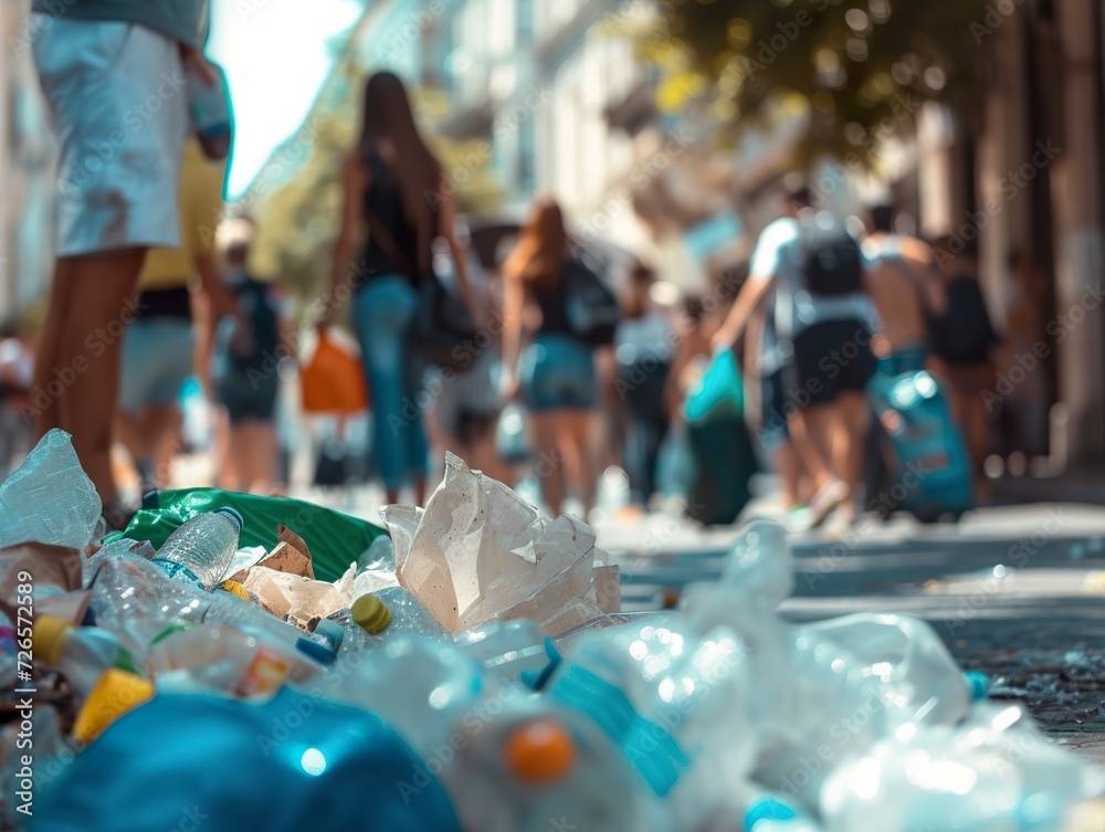 Lots of trash left after a street party. People having fun at a street ...