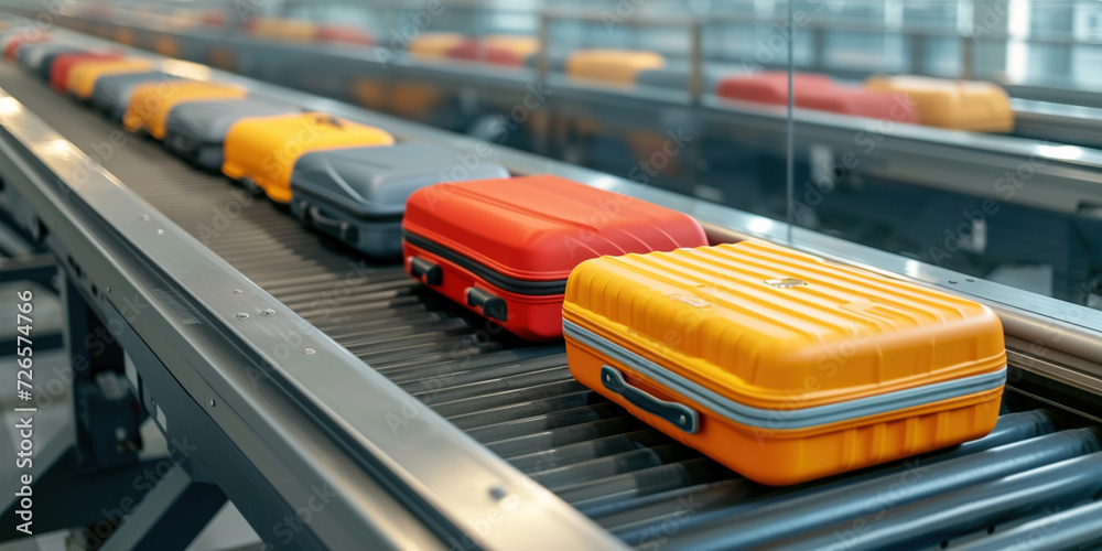 Baggage suitcases moving on an airport luggage conveyor belt in an ...
