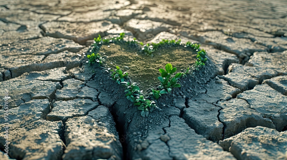 Resilient green plants form a heart shape amidst a vast expanse of ...