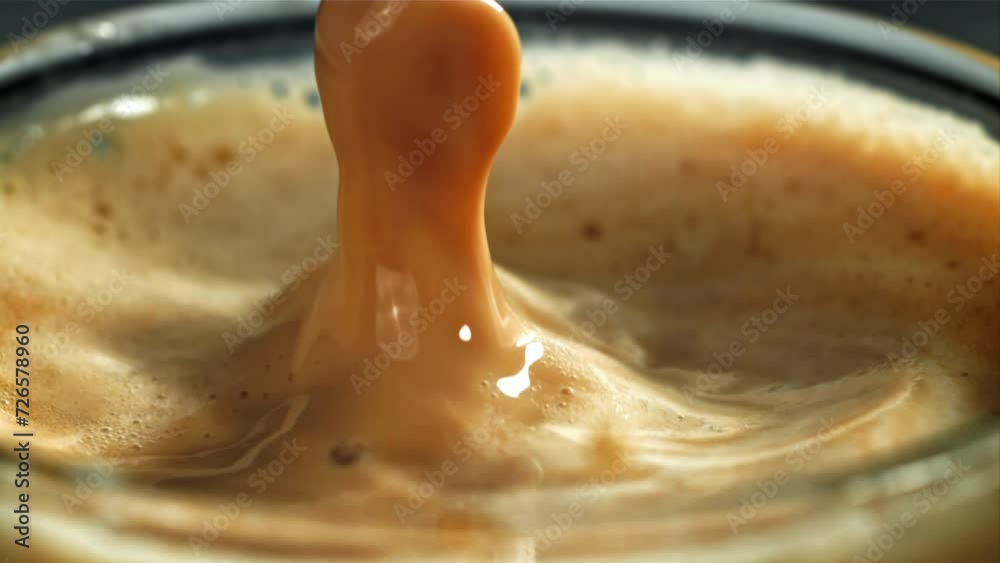 Falling drop in a cup of coffee. Filmed on a high-speed camera at 1000 ...