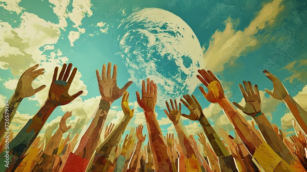 Colorful hands reaching up to a large illustrated moon in a clear blue ...