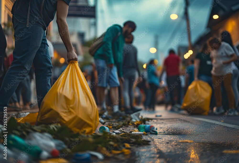 Lots of trash left after a street party. People having fun at a street ...