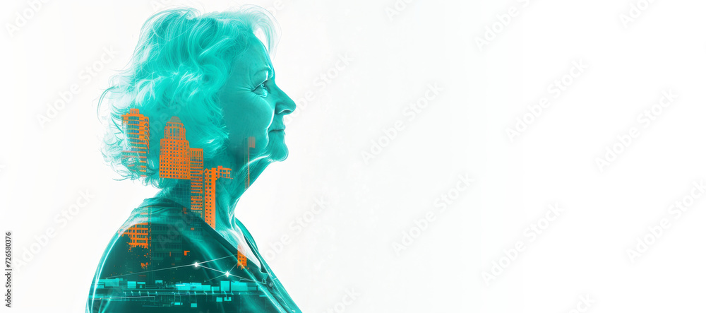 Double exposure, profile of elderly caucasian woman city, data, symbol ...