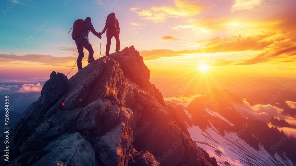 two hikers climbing to the top of a mountain at dawn. They are bound ...
