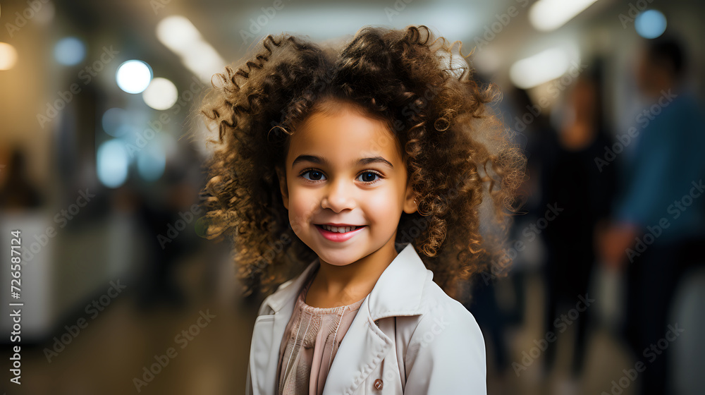 Curly Joy. A radiant young girl with a cascade of curly hair and a ...