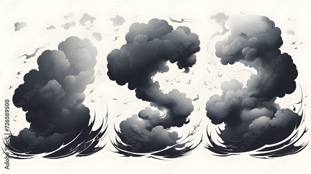 Radial explosion silhouette. Exploding bursts, round explosions cloud and exploded bomb effect ...