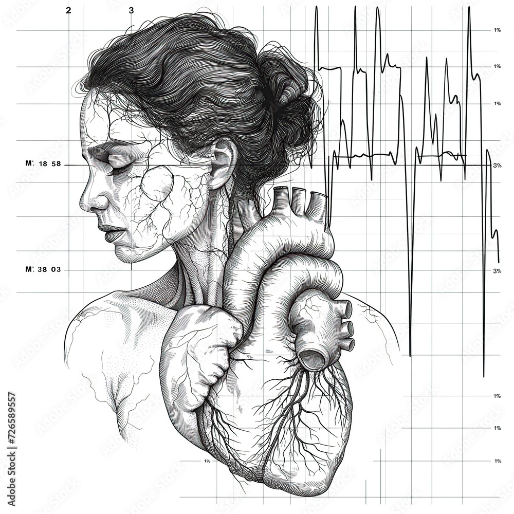 Concept draw, woman head, heart rate, rhythm, organic view, vital pulse ...