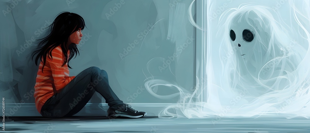 beautiful girl is sitting on the floor with a sad face and a scary ...