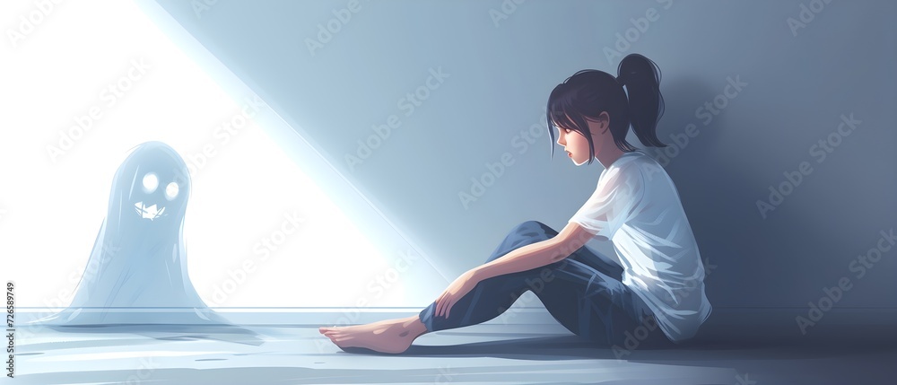 beautiful girl is sitting on the floor with a sad face and a scary ...