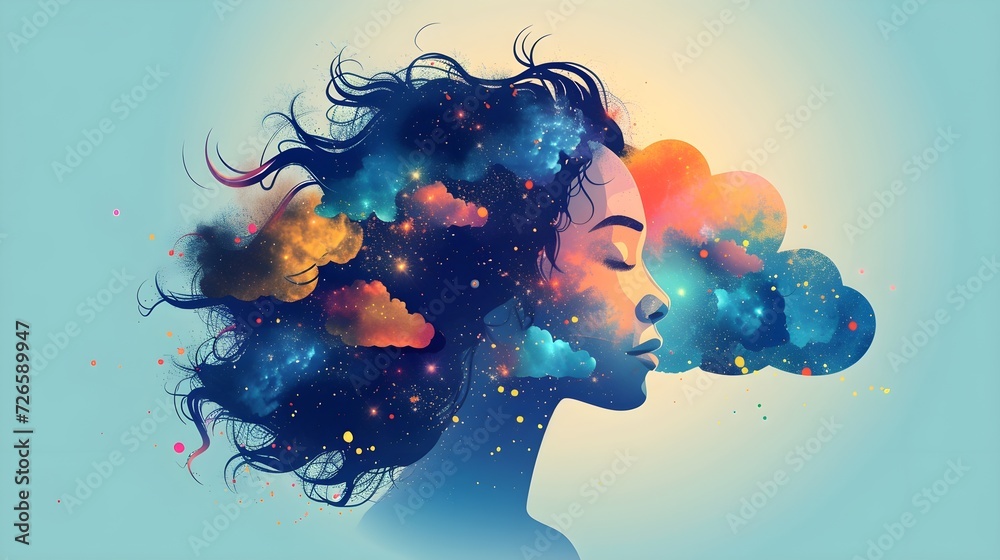 woman with a cloud over her head, woman mind with different ideas ...