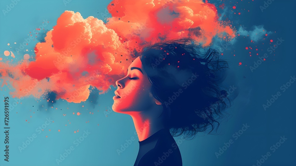 woman with a cloud over her head, woman mind with different ideas ...