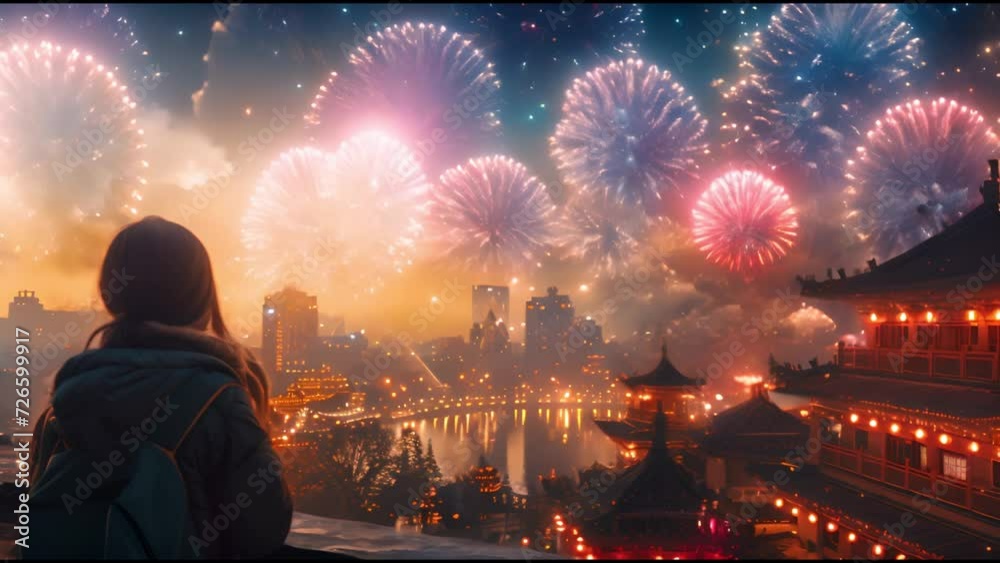 Fireworks Chinese New Year above temple. Lunar New Year fireworks 2024 ...