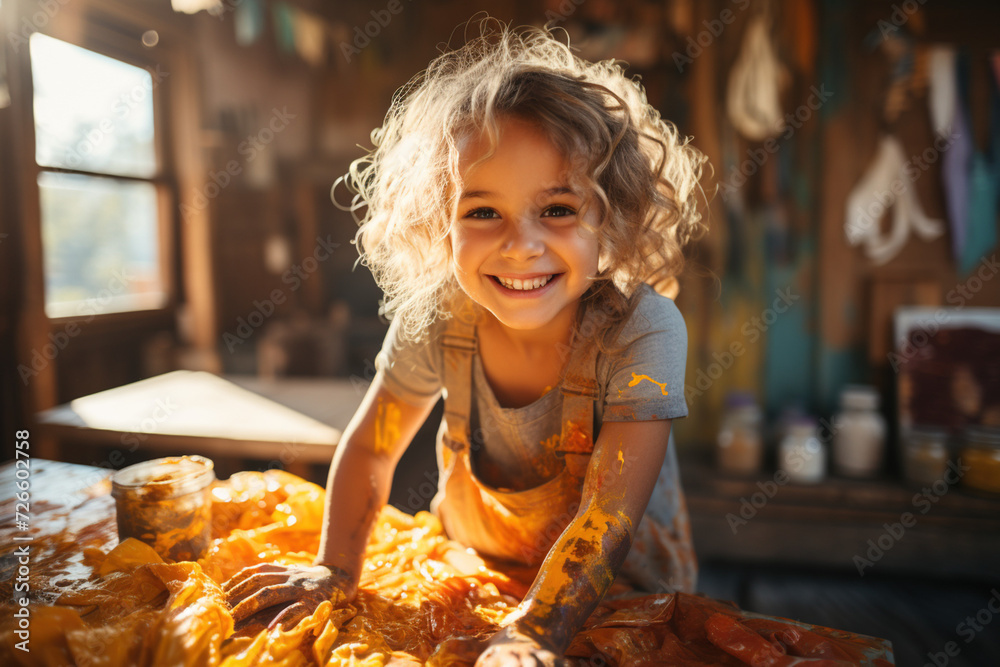 Laughing elementary school child with stained shirt and dirty face on ...