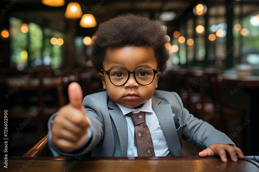 Little boss in office. African American child in glasses pointing thumb ...