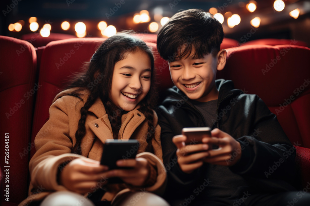Two Asian Korean teenagers students sit together laughing looking in ...