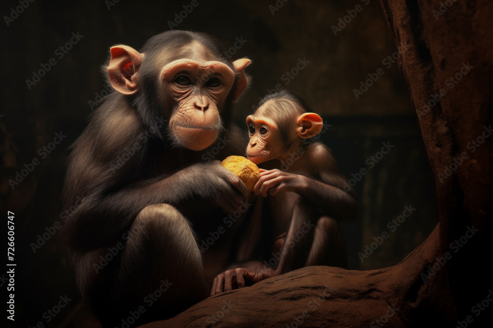 A young baboon and a person with a tail, both sitting and looking ...