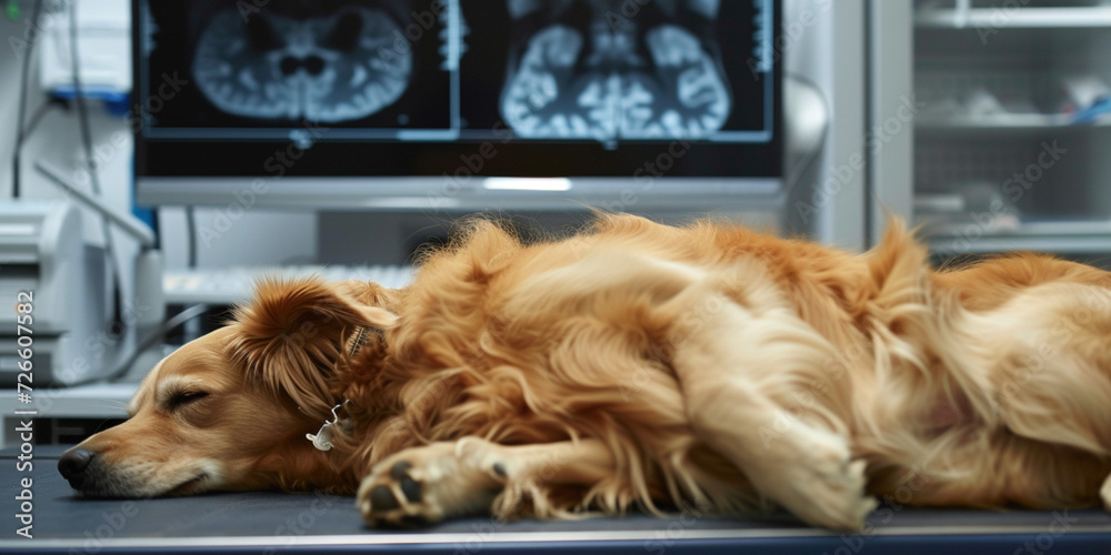 Vets examining x-ray on Labrador dog lying in veterinary surgery ...