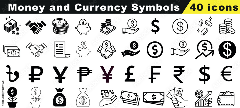 Vecteur Stock 40 money and currency symbols Vector illustration set ...
