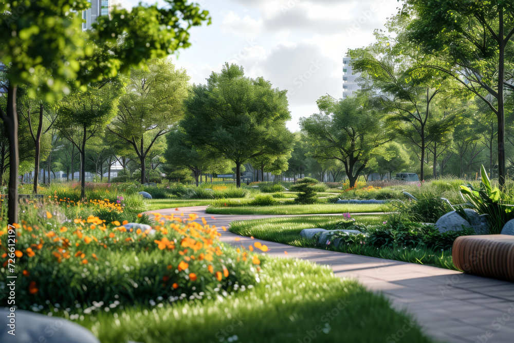An urban area creating green spaces and parks, improving air quality ...