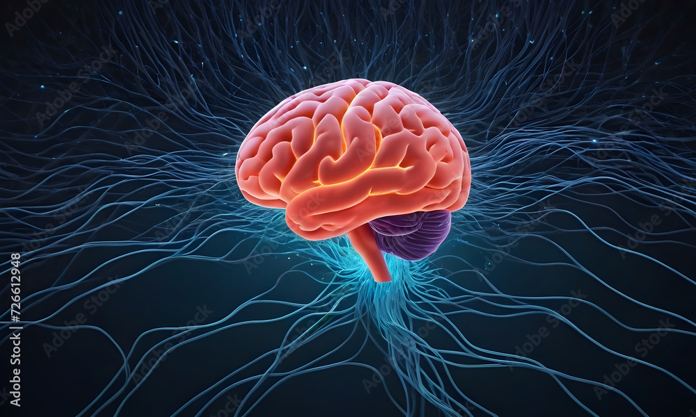 Abstract art of human brain. Colorful neuron system art of a brain with ...