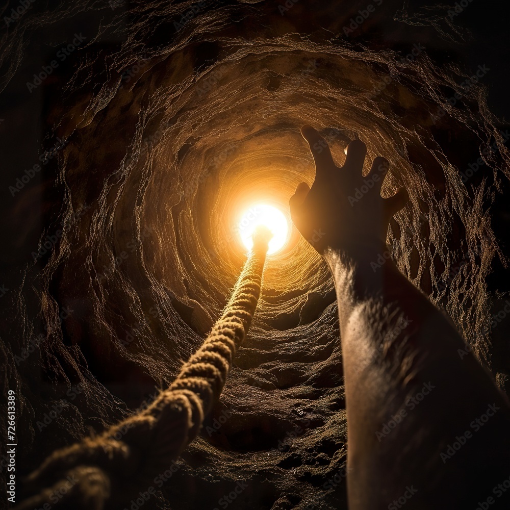 A hand trying to hold a rope hanging from the top of a hole ...