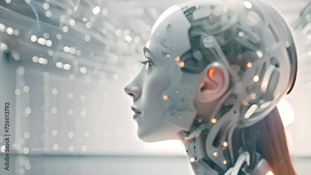 Beautiful Futuristic Android Woman & Control Room. Female Robot ...