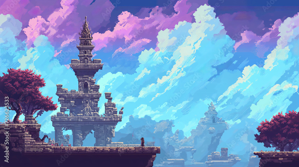 pixel art of sky dungeon background battle scene in RPG old school ...