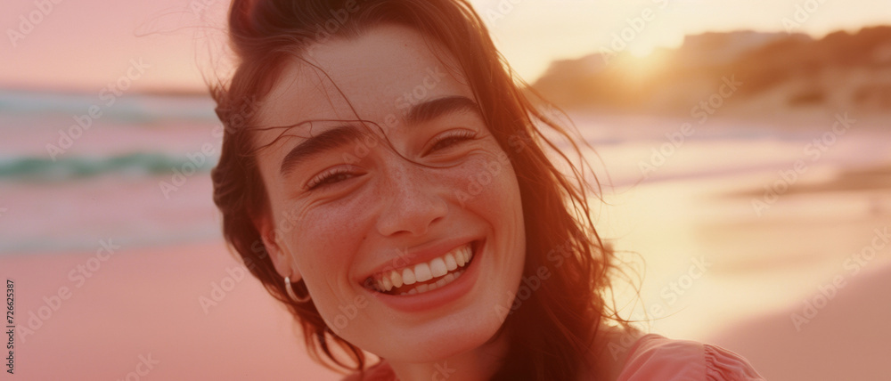 Sun-kissed smile on the beach, a moment of pure bliss as the day fades ...