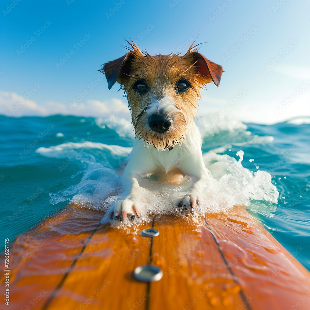 Cute dog surfer sitting on a surfboard in ocean or sea in summer ...
