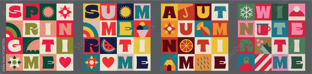 Four Seasons 16 squares design. 4 compositions on spring, summer, fall ...