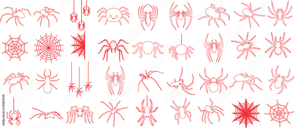 Spider line illustration, diverse species of spider, red line art ...