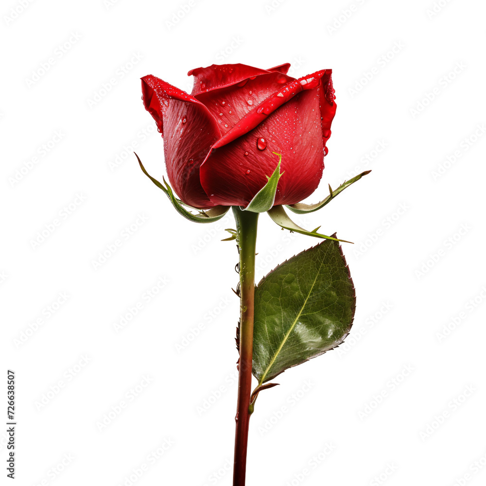 Single red rose flower with one leaf and a stem on an isolated ...