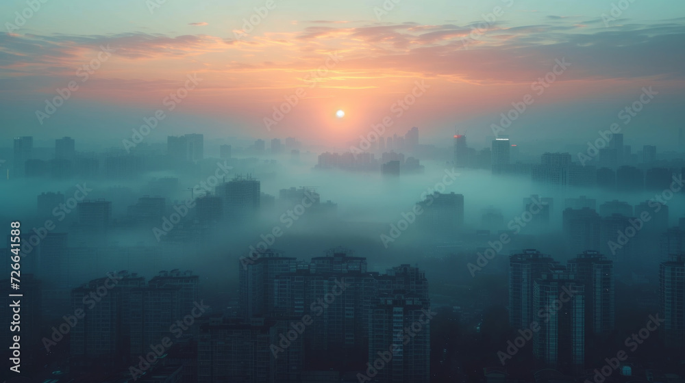 Aerial view of Asian city full of Smoke and smog from PM 2.5 dust, Cityscape of buildings with ...