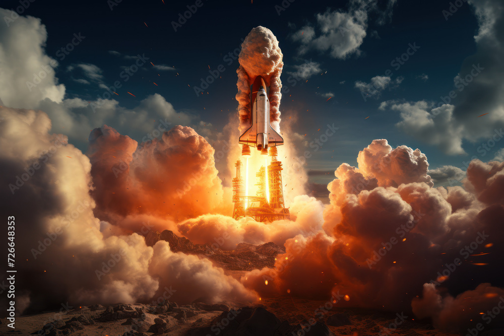 A rocket breaking through the atmosphere, signifying the propulsion and ...