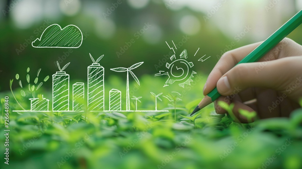 Child drawing outlines sustainability ecology save environment concept ...