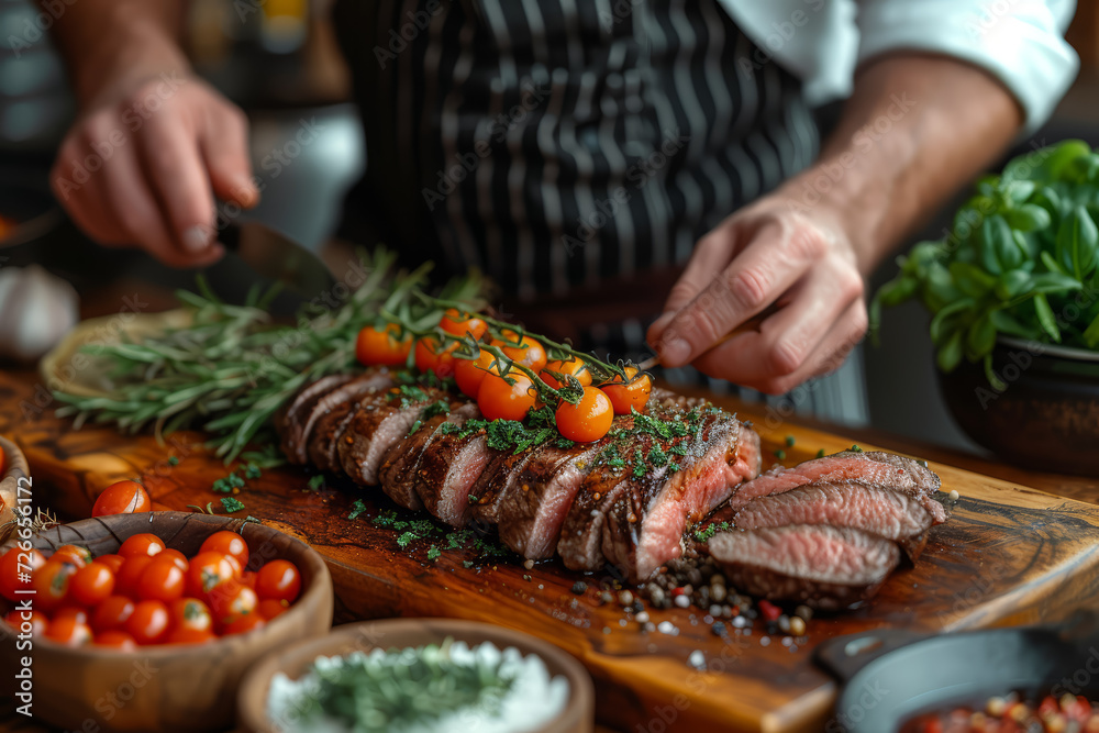 A food photography setup in vertical format, focusing on plating ...