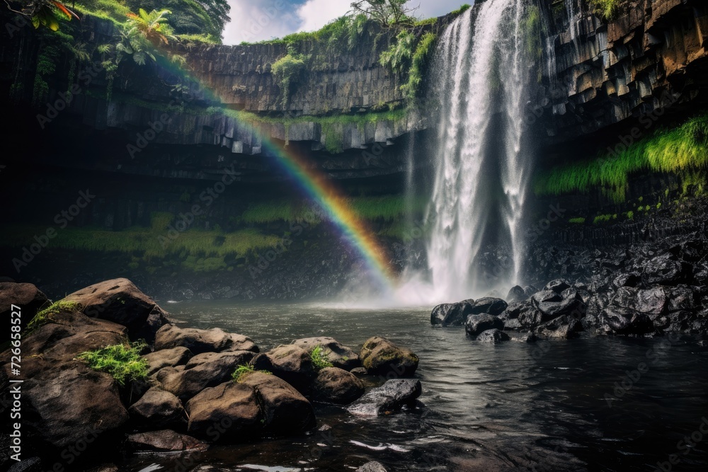 A breathtaking scene of a powerful waterfall with a vibrant rainbow ...