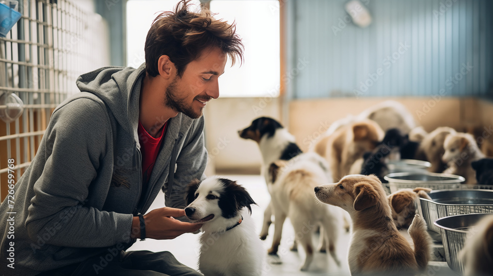 man feeding dogs at an animal shelter Stock Photo | Adobe Stock
